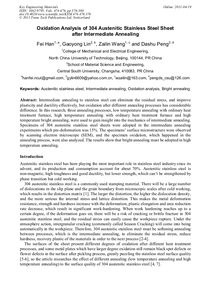 Oxidation Analysis of 304 Austenitic Stainless Steel Sheet after ...