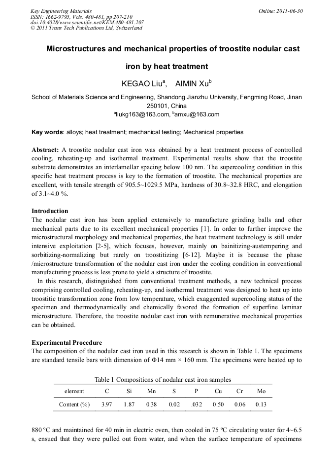 Microstructures and Mechanical Properties of Troostite Nodular Cast ...