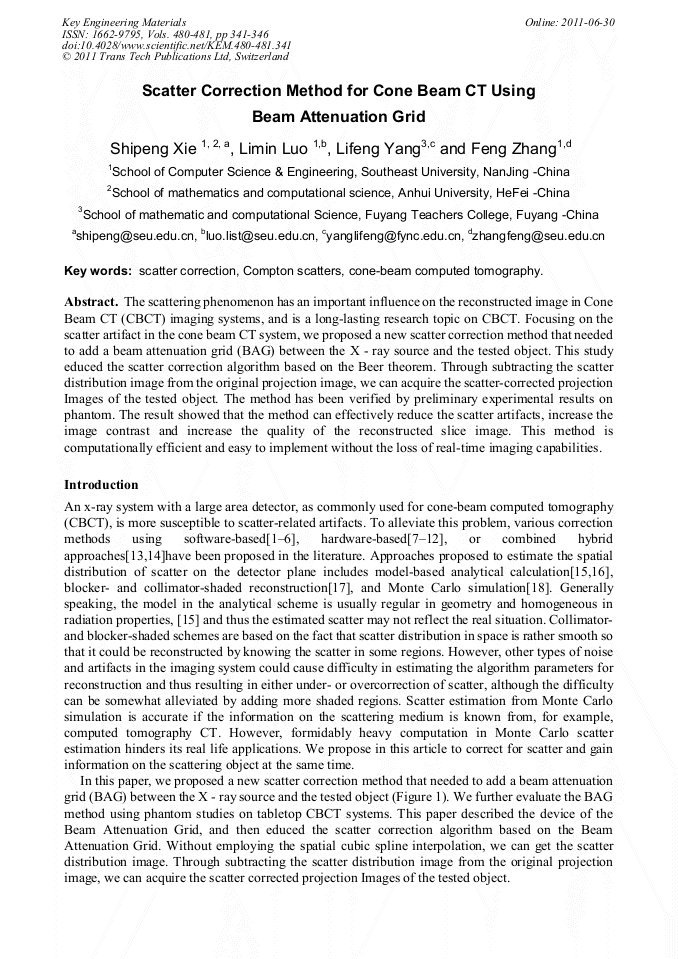 Scatter Correction Method for Cone Beam CT Using Beam Attenuation Grid | Scientific.Net