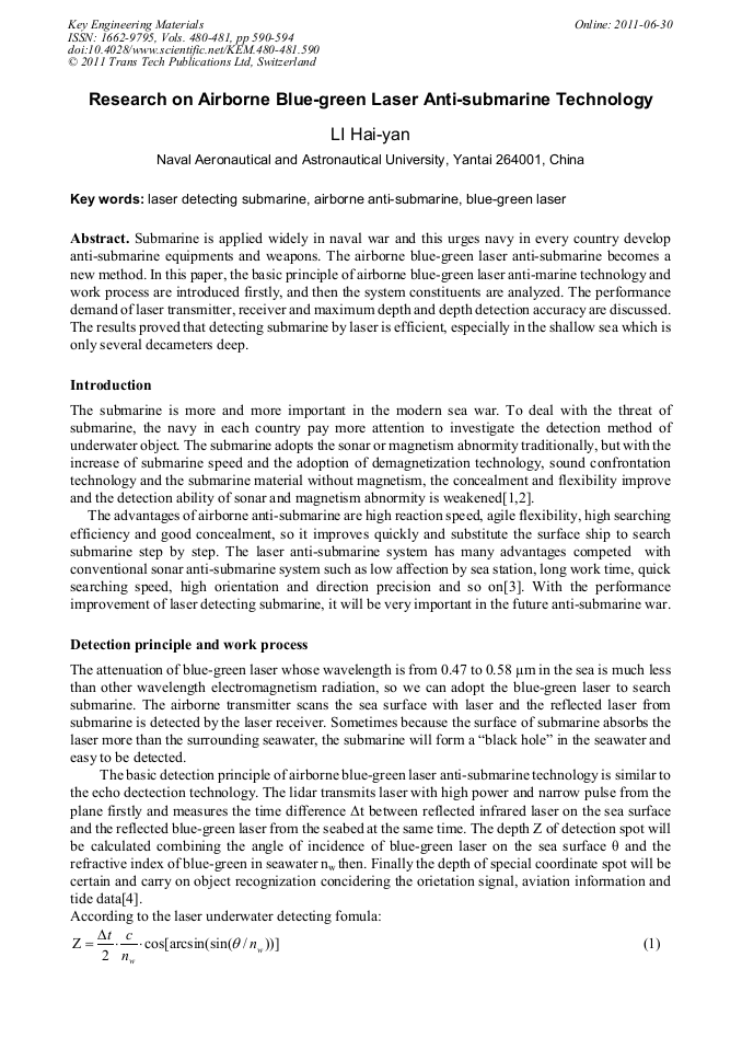 Research on Airborne Blue-Green Laser Anti-Submarine Technology ...