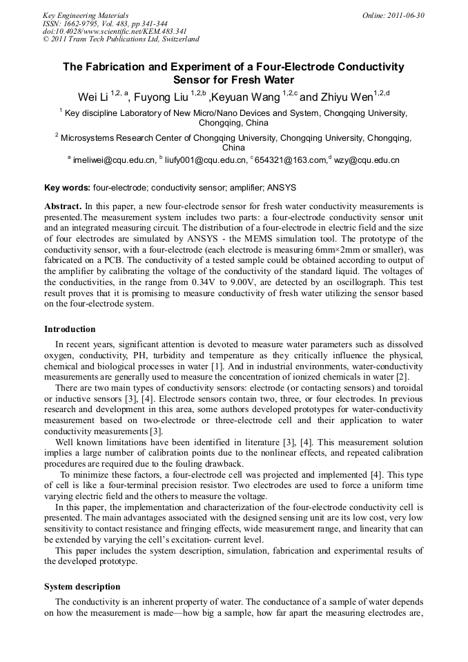The Fabrication and Experiment of a Four-Electrode Conductivity Sensor ...