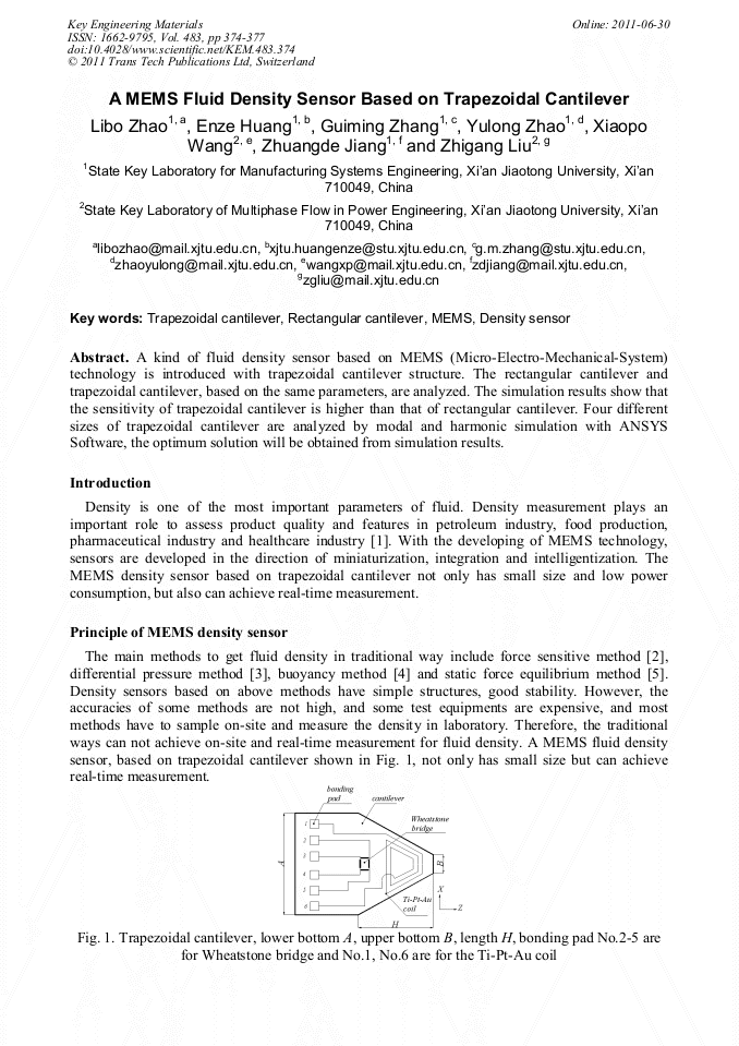 A MEMS Fluid Density Sensor Based on Trapezoidal Cantilever ...