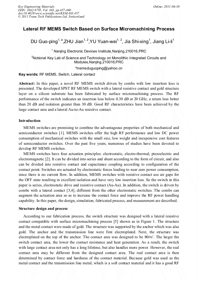 Lateral RF MEMS Switch Based on Surface Micromachining Process ...