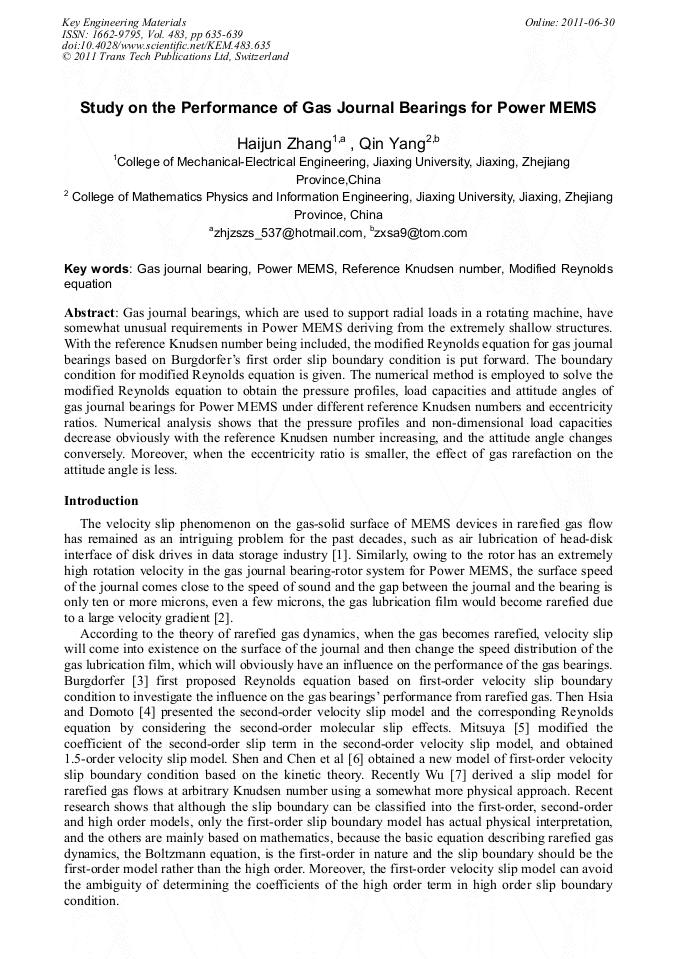 Study on the Performance of Gas Journal Bearings for Power MEMS ...
