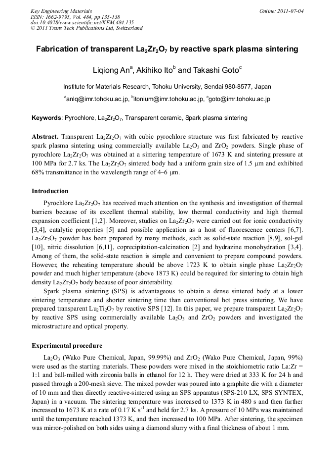 Fabrication of Transparent La2Zr2O7 by Reactive Spark Plasma Sintering ...