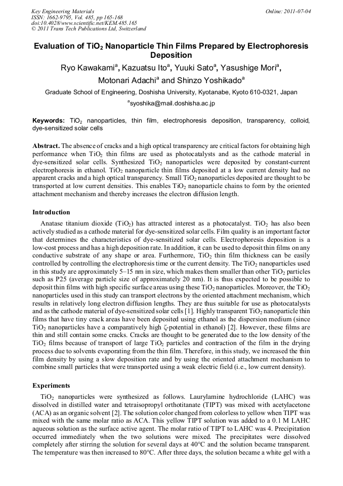 Evaluation of TiO2 Nanoparticle Thin Films Prepared by Electrophoresis ...