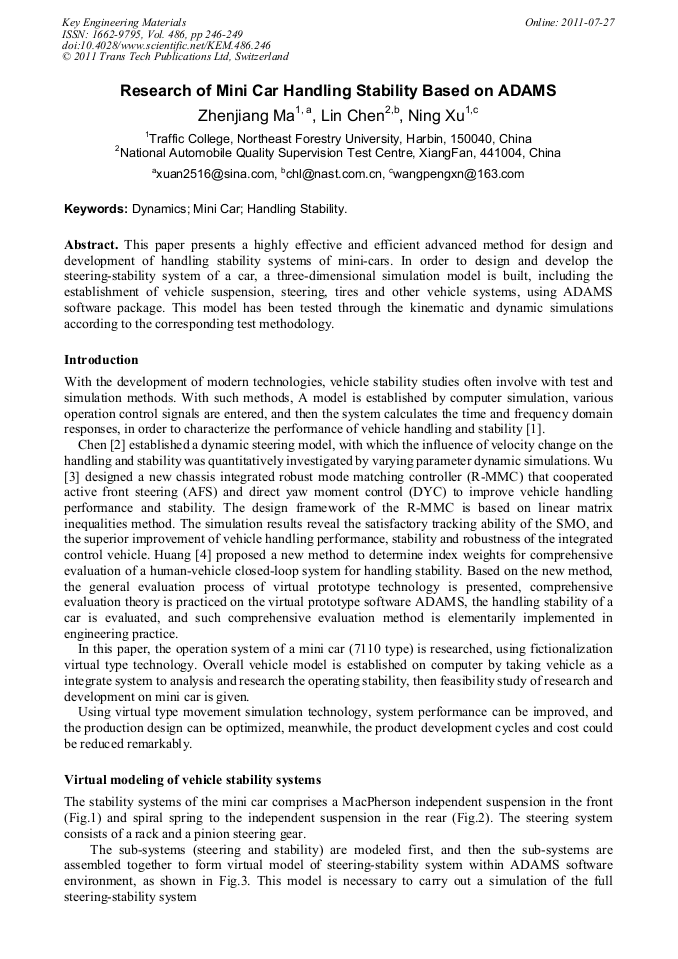 Research Of Mini Car Handling Stability Based On ADAMS Scientific Net