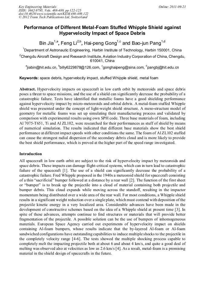 Performance of Different Metal-Foam Stuffed Whipple Shield against ...