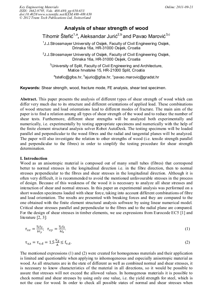 Analysis of Shear Strength of Wood | Scientific.Net