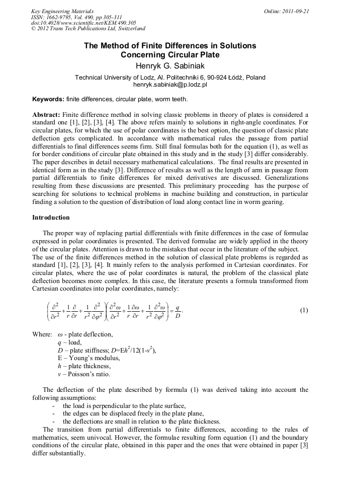 The Method of Finite Differences in Solutions Concerning Circular Plate ...