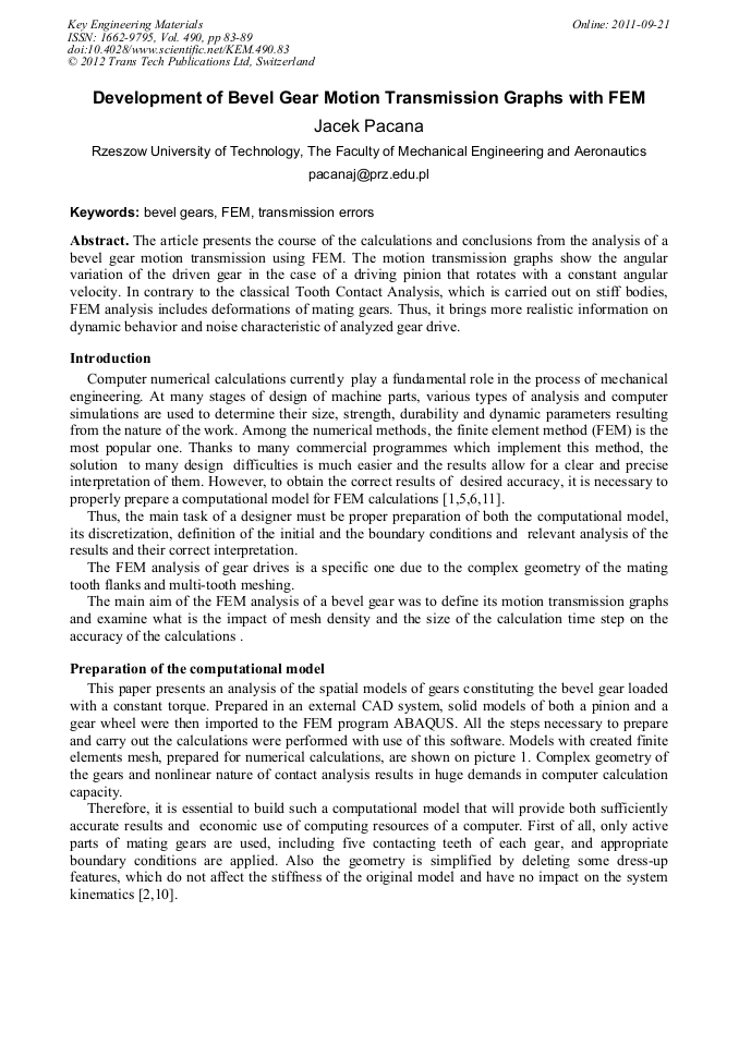 Development of Bevel Gear Motion Transmission Graphs with FEM ...