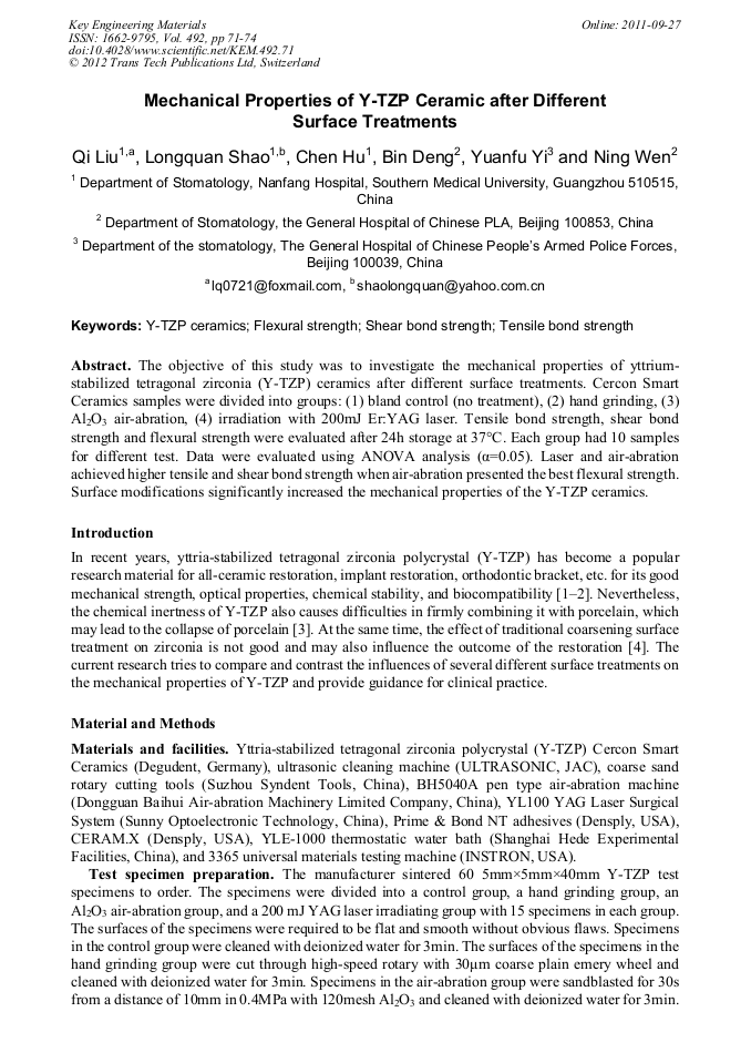 Mechanical Properties of Y-TZP Ceramic after Different Surface ...