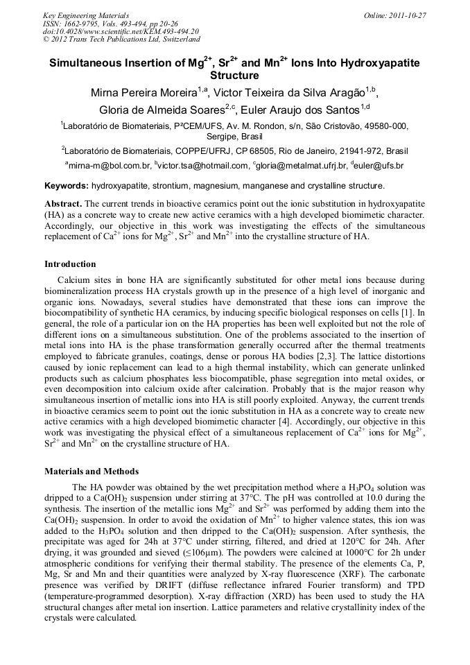 Simultaneous Insertion of Mg2+, Sr2+ and Mn2+ Ions into Hydroxyapatite ...