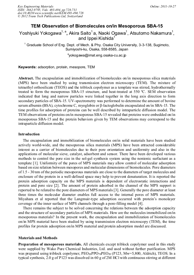 TEM Observation of Biomolecules on/in Mesoporous SBA-15 | Scientific.Net