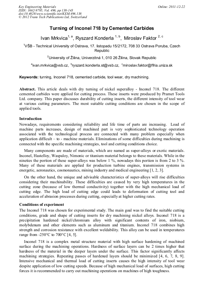 Turning of Inconel 718 by Cemented Carbides | Scientific.Net