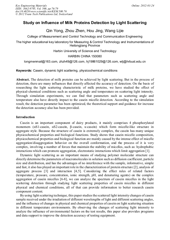 Study on Influence of Milk Proteins Detection by Light Scattering ...