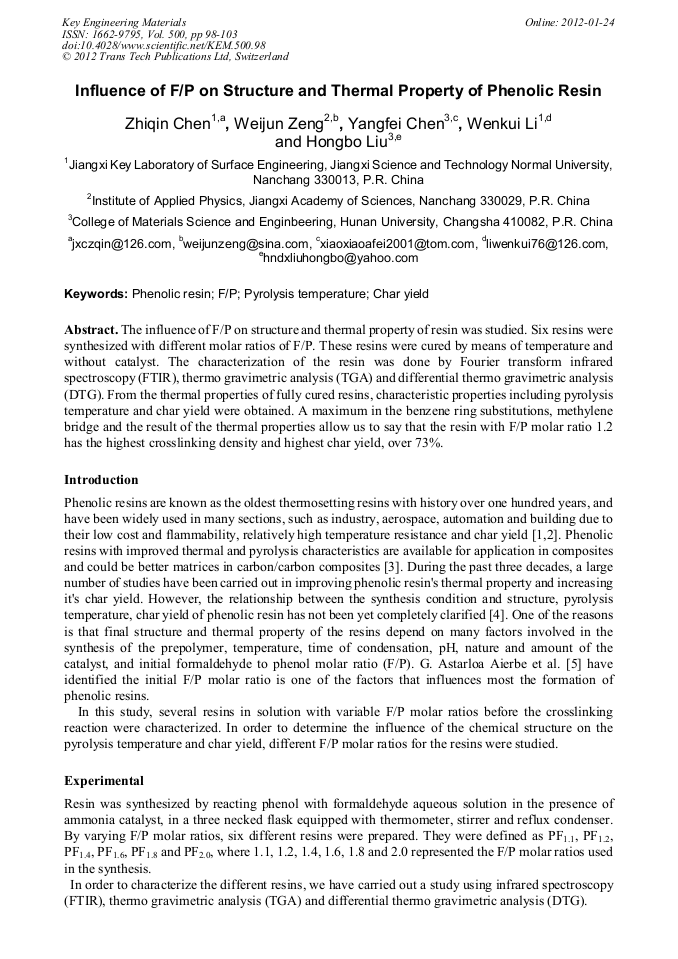 Influence of F/P on Structure and Thermal Property of Phenolic Resin ...