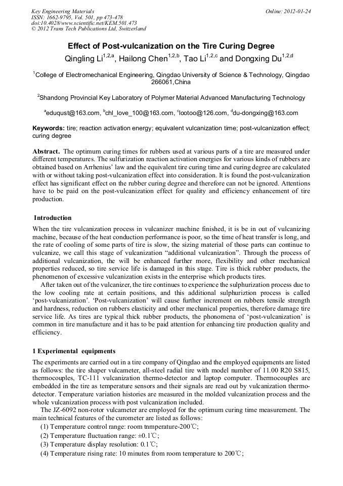 Effect of Post-Vulcanization on the Tire Curing Degree | Scientific.Net