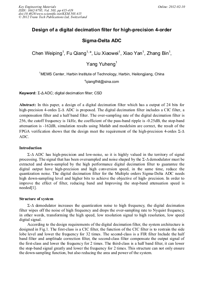 Design of a Digital Decimation Filter for High-Precision 4-Order Sigma ...