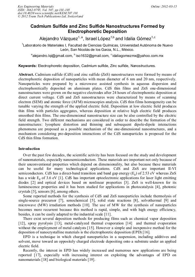Cadmium Sulfide and Zinc Sulfide Nanostructures Formed by Electrophoretic Deposition ...