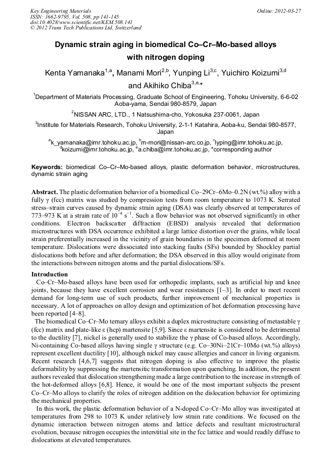 Dynamic Strain Aging in Biomedical Co–Cr–Mo-Based Alloys with Nitrogen ...