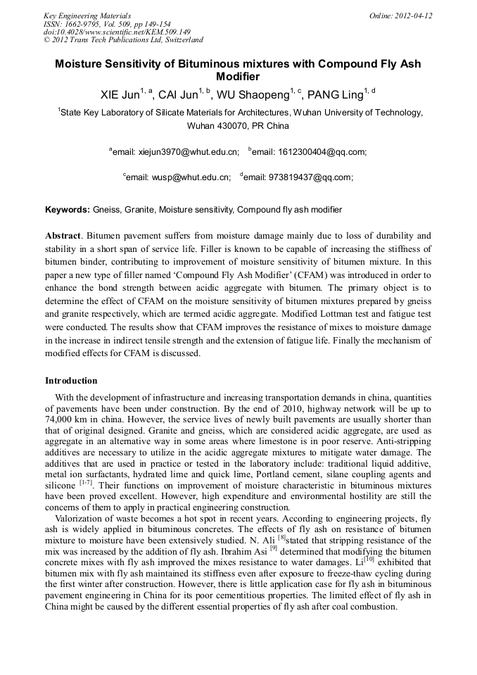 Moisture Sensitivity of Bituminous Mixtures with Compound Fly Ash ...