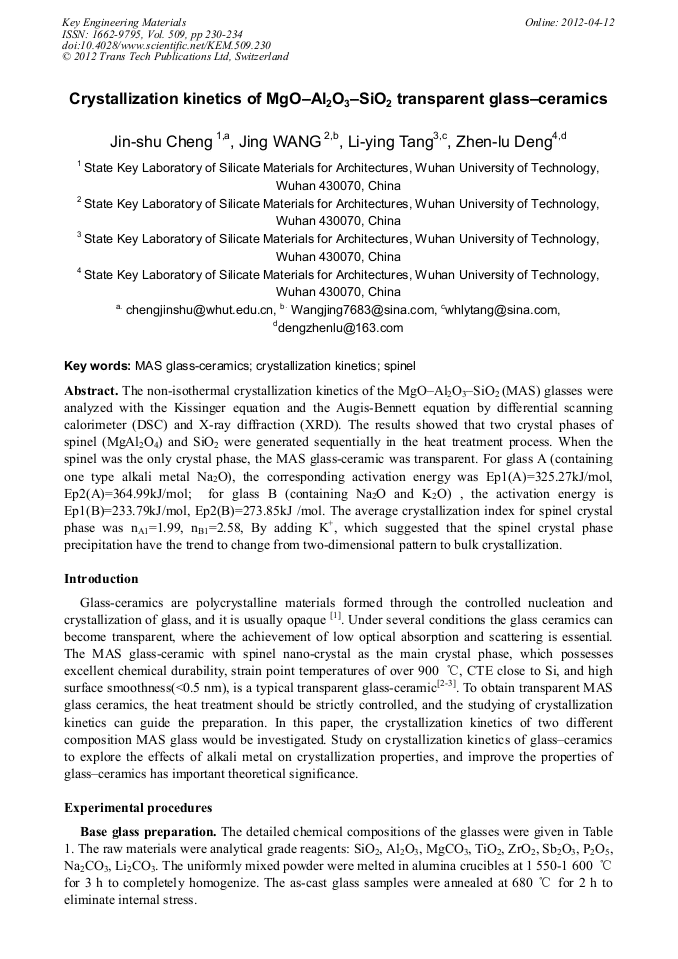 Crystallization Kinetics of MgO–Al2O3–SiO2 Transparent Glass–Ceramics | Scientific.Net
