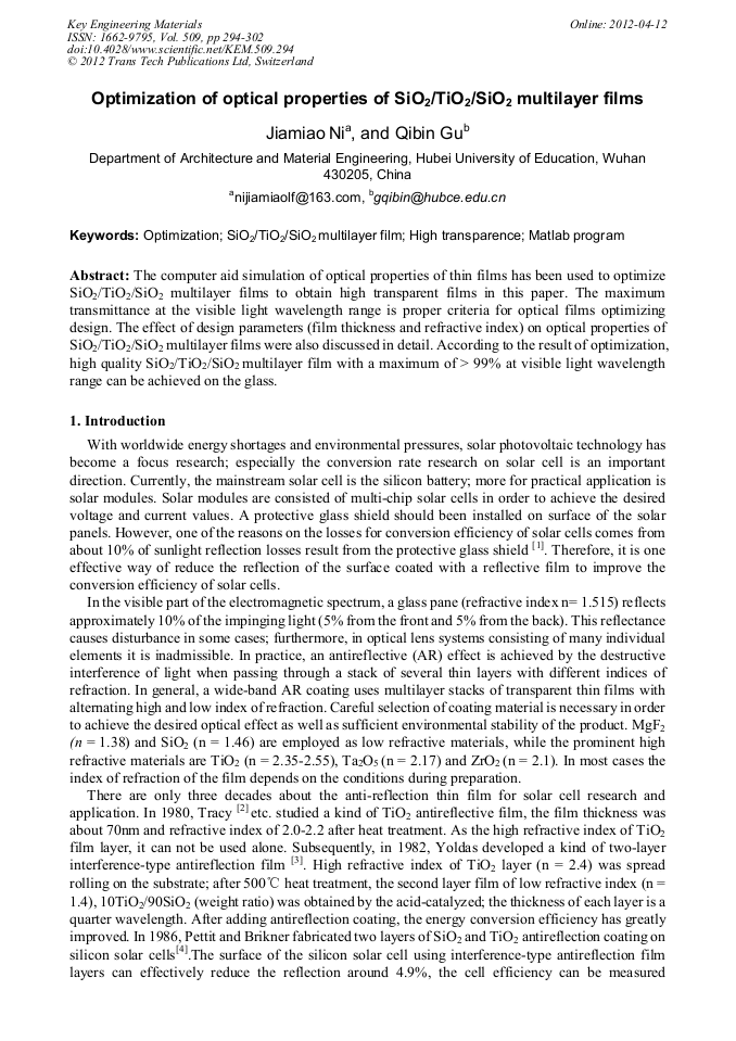 Optimization of Optical Properties of SiO2/TiO2/SiO2 Multilayer Films ...