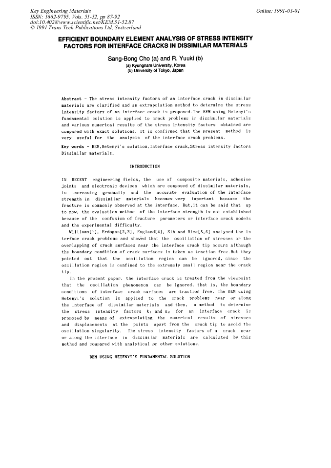 Efficient Boundary Element Analysis of Stress Intensity Factors for Interface Cracks in ...