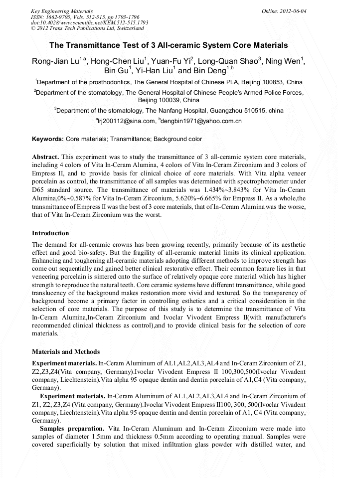 The Transmittance Test of 3 All-Ceramic System Core Materials ...
