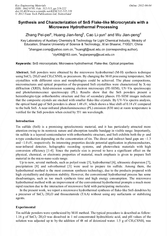Synthesis and Characterization of SnS Flake-Like Microcrystals with a ...