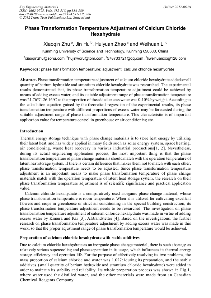 Phase Transformation Temperature Adjustment of Calcium Chloride ...