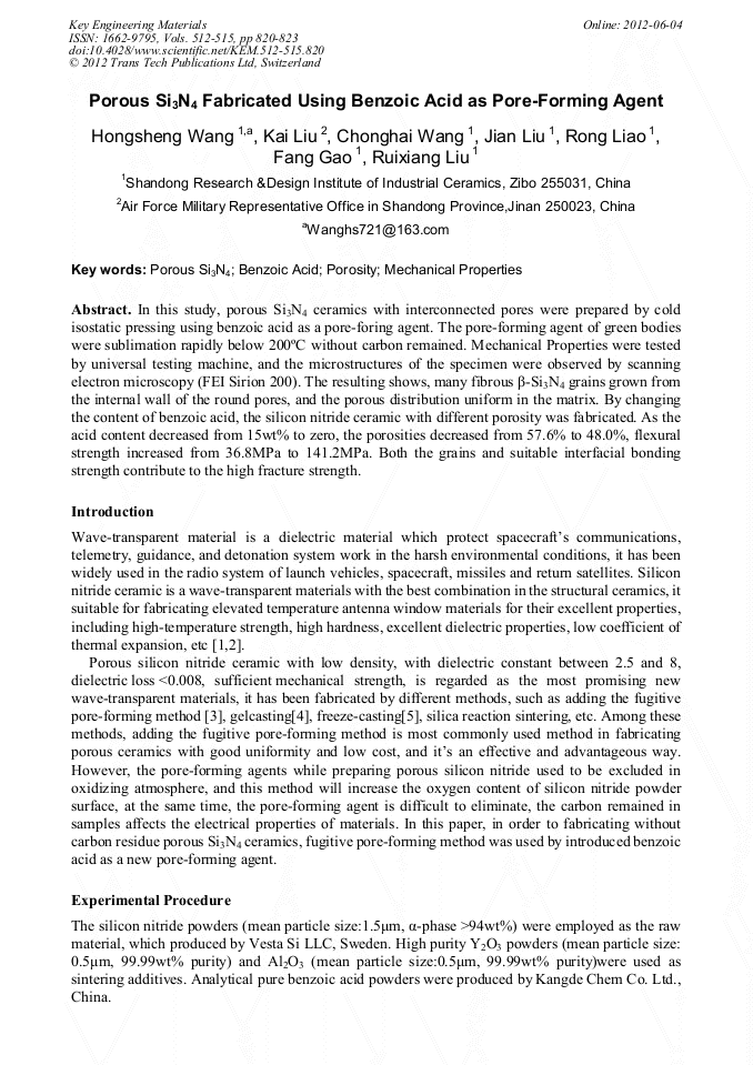 Porous Si3N4 Fabricated Using Benzoic Acid as Pore-Forming Agent ...