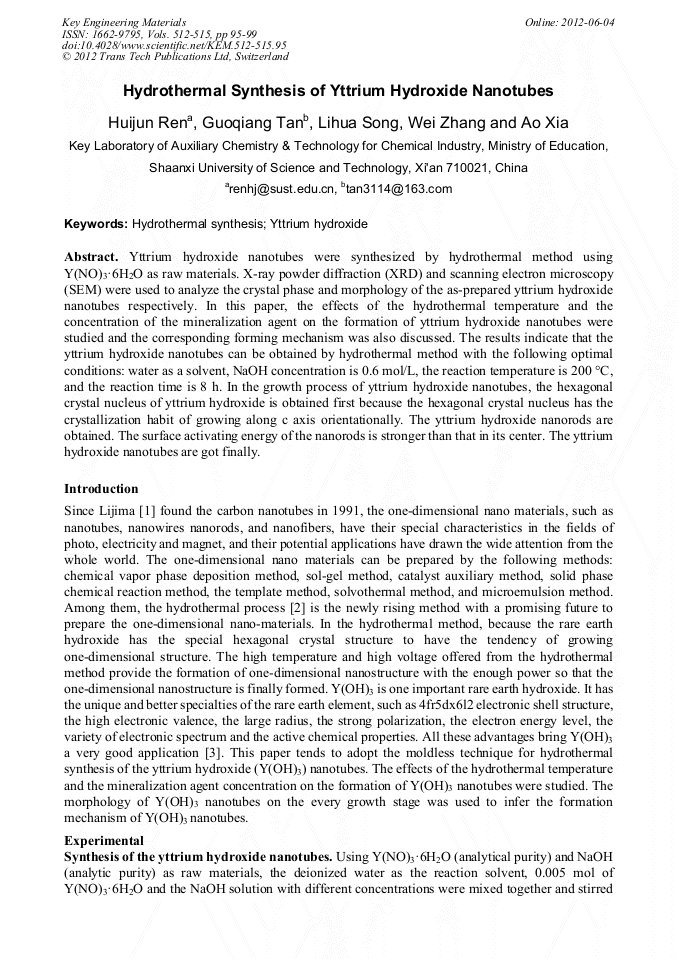 Hydrothermal Synthesis of Yttrium Hydroxide Nanotubes | Scientific.Net