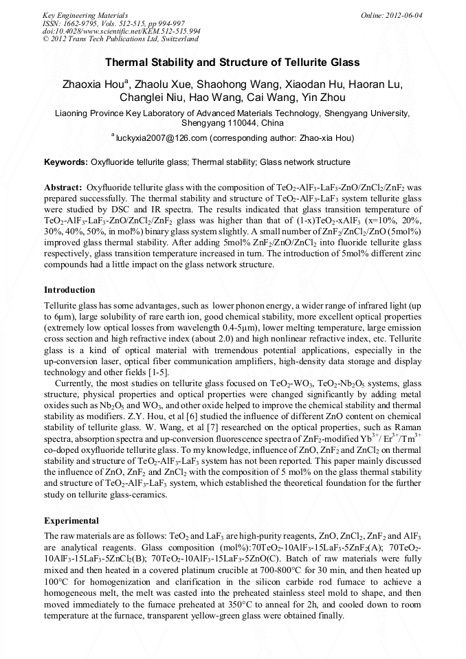 Thermal Stability and Structure of Tellurite Glass | Scientific.Net