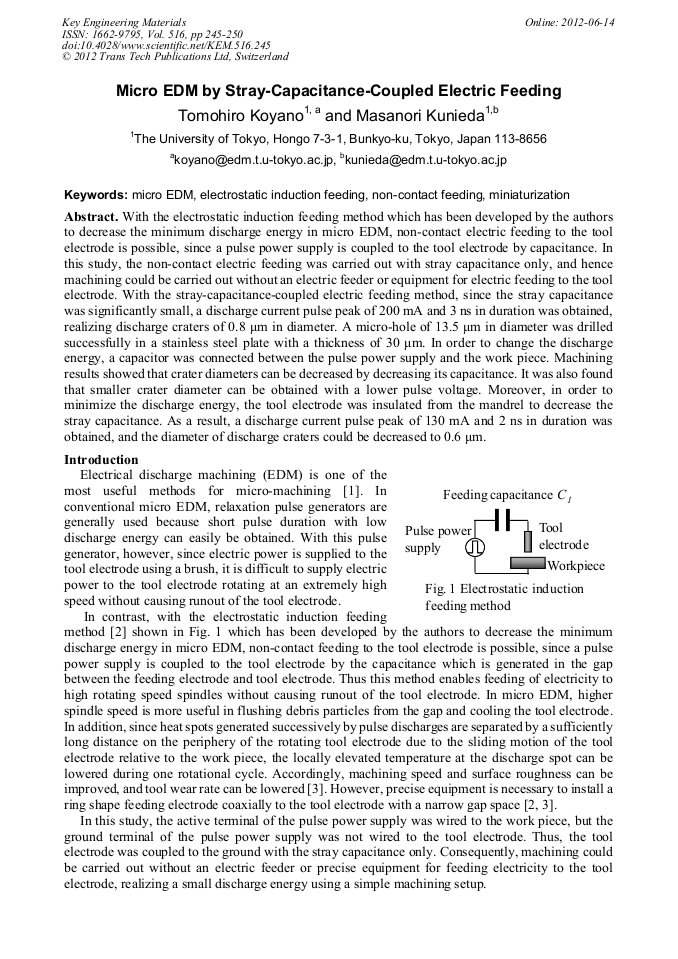 Micro EDM by Stray-Capacitance-Coupled Electric Feeding | Scientific.Net