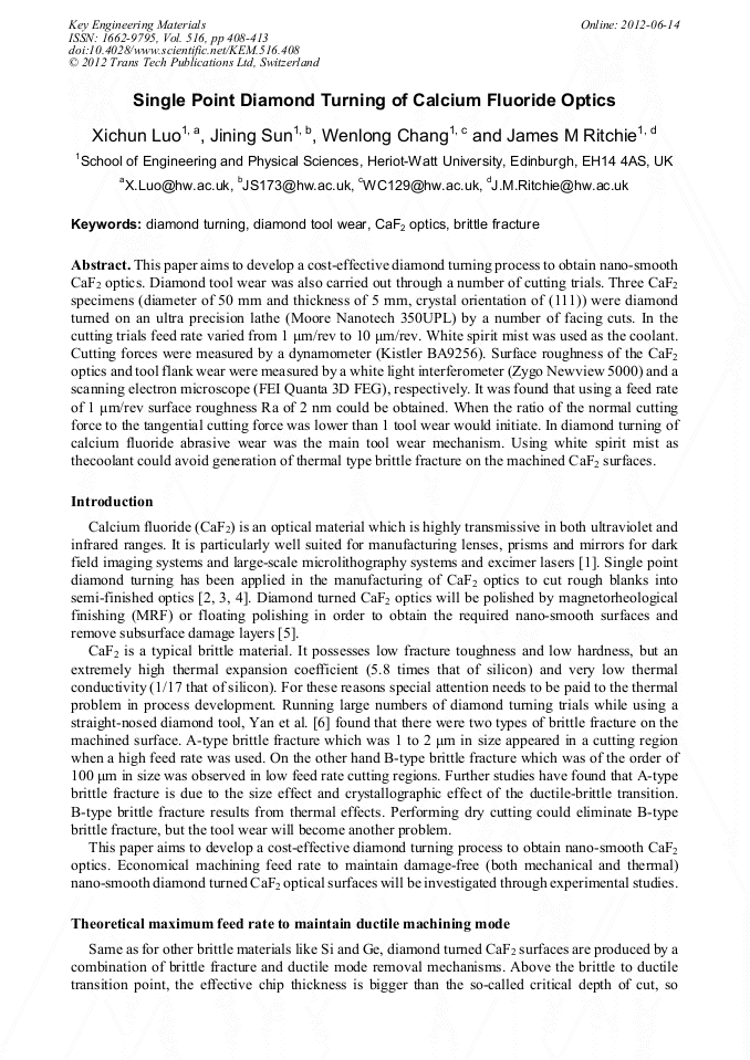 Single Point Diamond Turning of Calcium Fluoride Optics | Scientific.Net