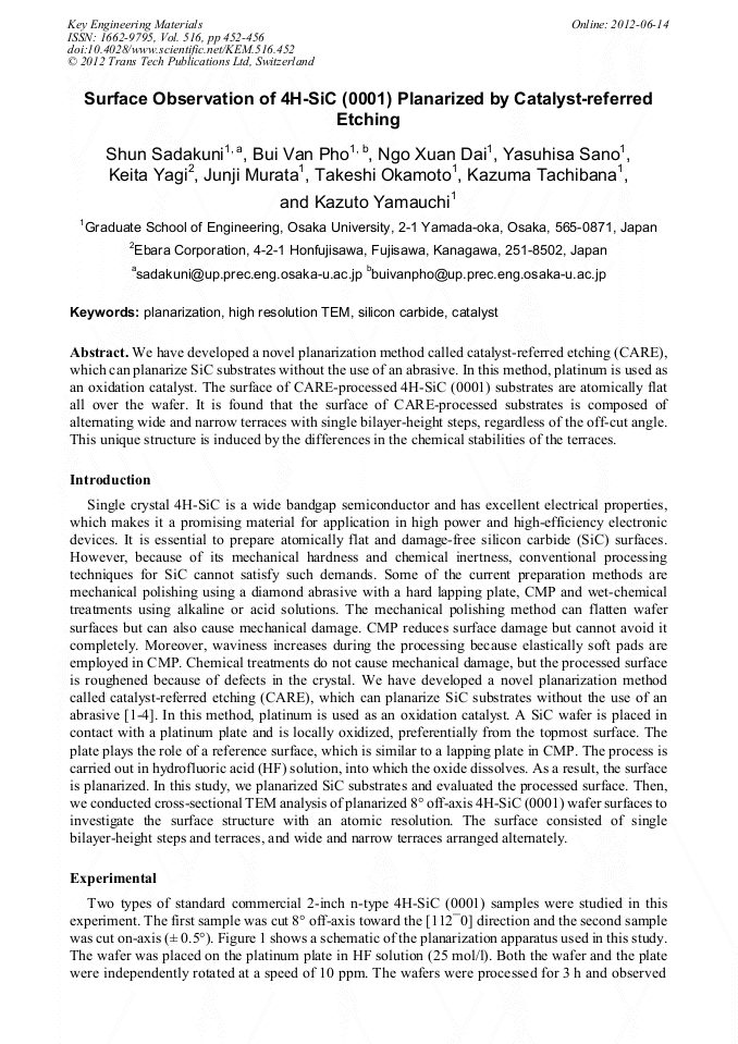 Surface Observation of 4H-SiC (0001) Planarized by Catalyst-Referred Etching | Scientific.Net