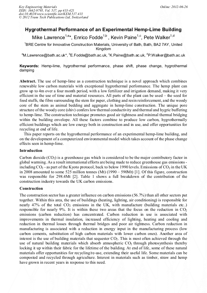 Hygrothermal Performance of an Experimental Hemp-Lime Building ...