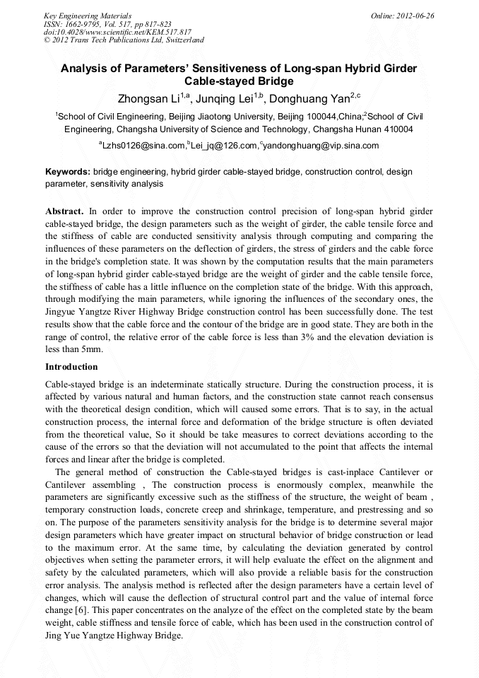 Analysis Of Parameters Sensitiveness Of Long Span Hybrid Girder Cable Stayed Bridge