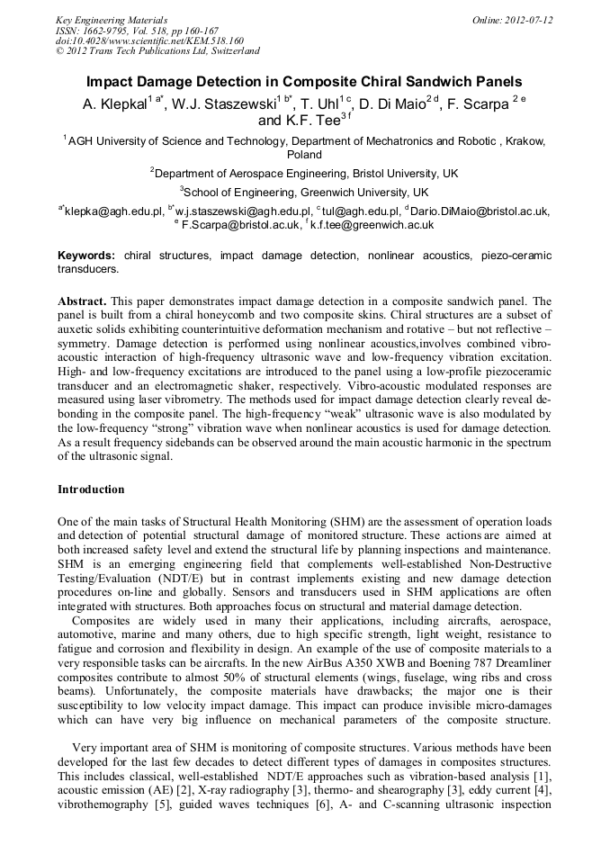 Impact Damage Detection in Composite Chiral Sandwich Panels ...