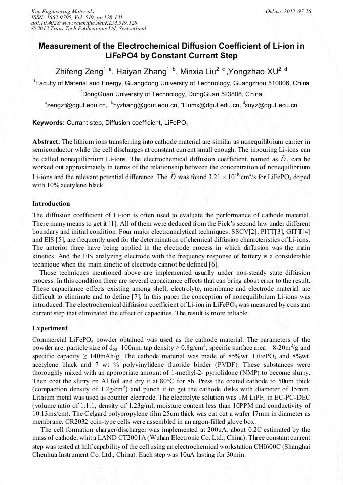 Measurement of the Electrochemical Diffusion Coefficient of Li-Ion in ...