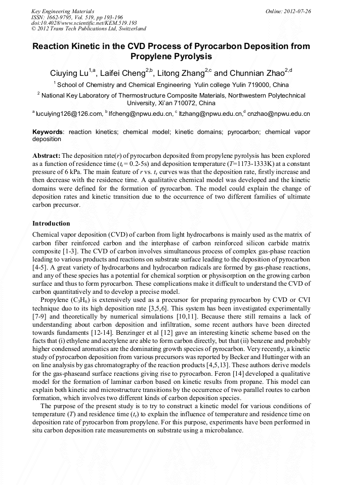 Reaction Kinetic in the CVD Process of Pyrocarbon Deposition from ...