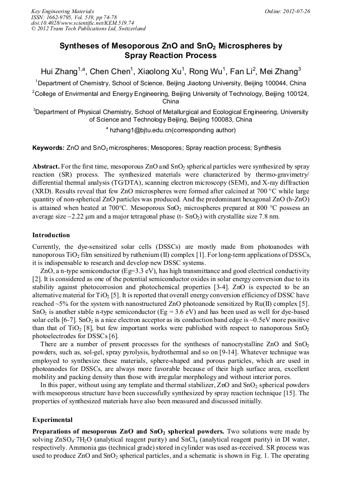 Syntheses of Mesoporous ZnO and SnO2 Microspheres by Spray Reaction ...