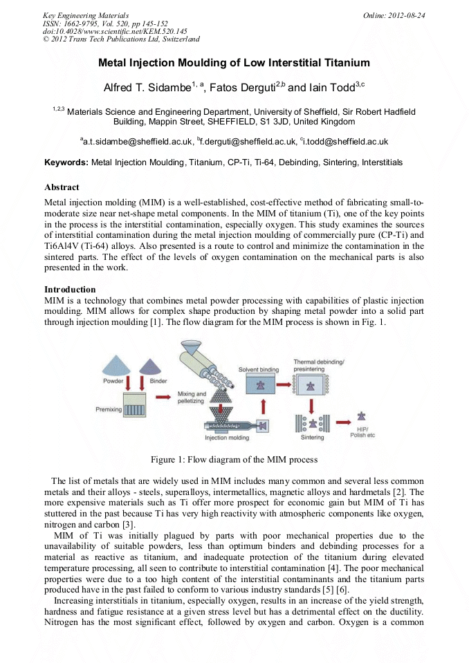 Metal Injection Moulding of Low Interstitial Titanium | Scientific.Net