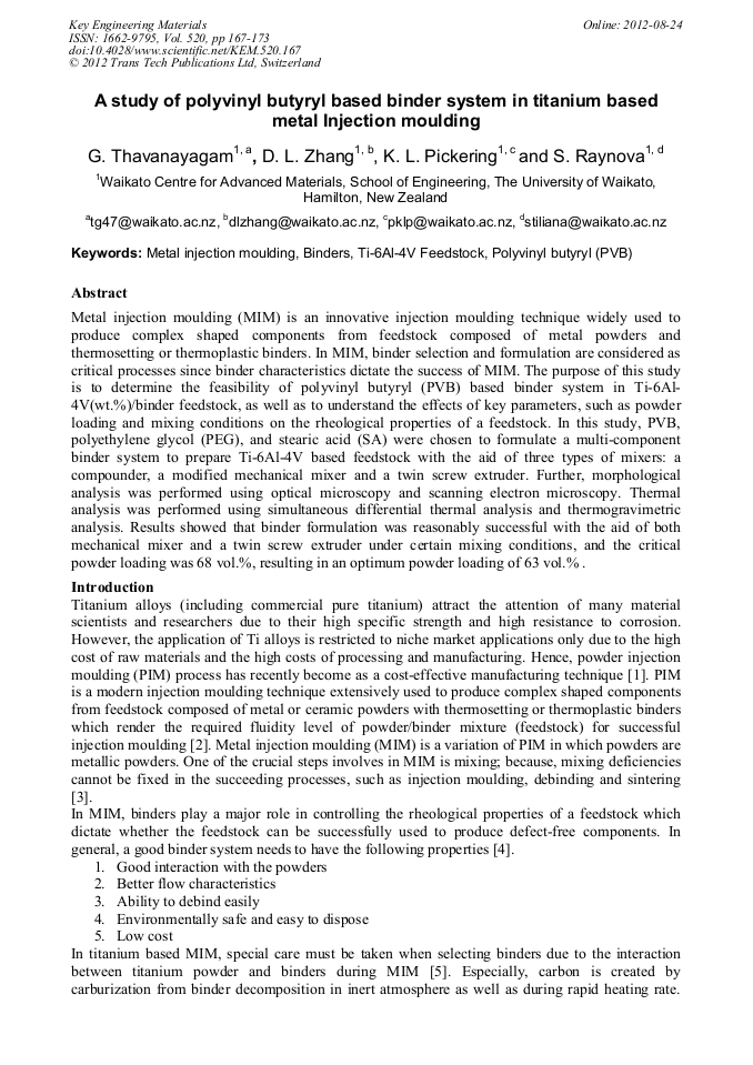 A Study of Polyvinyl Butyryl Based Binder System in Titanium Based ...