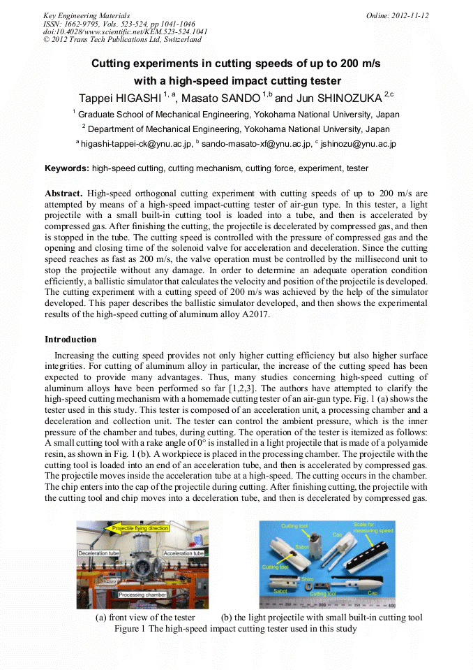 Cutting Experiments in Cutting Speeds of up to 200 m/s with a High ...