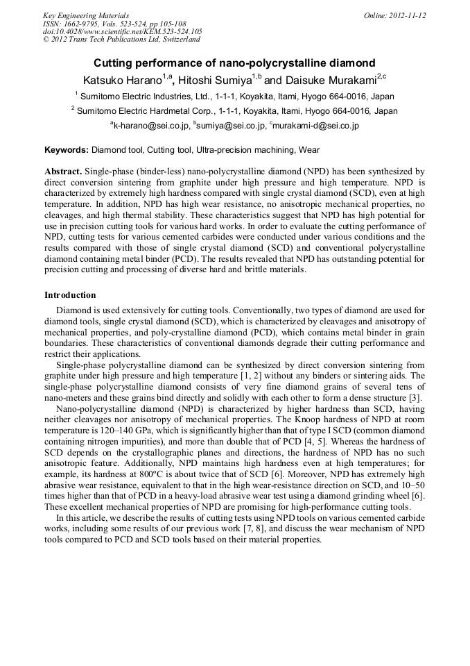 Cutting Performances of Nano-Polycrystalline Diamond | Scientific.Net
