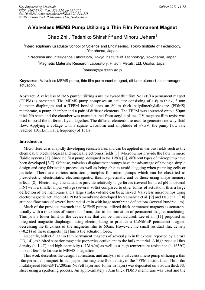 A Valveless MEMS Pump Utilizing a Thin Film Permanent Magnet ...