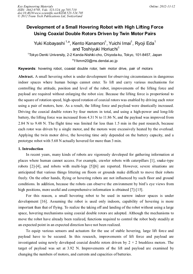 Development of a Small Hovering Robot with High Lifting Force Using ...